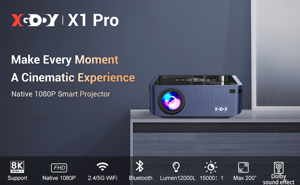 XGODY X1 Pro 8K Smart Projector 1080P Ultra HD Android 9.0 LCD ...