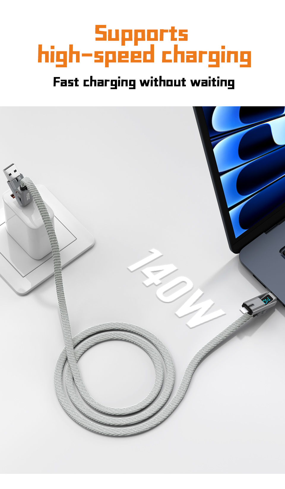PZOZ 4 in 1 140W PD USB C Cable Digital Display Fast Charging For ...