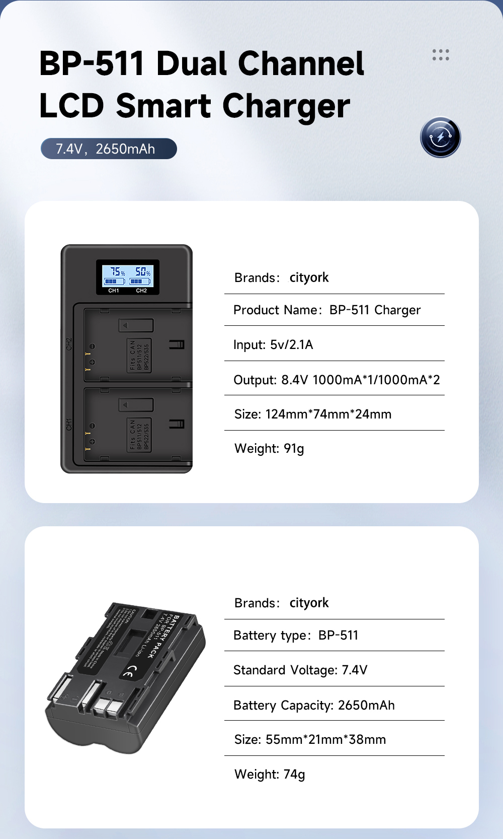 Cityork 2650mAh BP-511A BP511A BP-511 BP511 Battery + LCD USB Dual ...