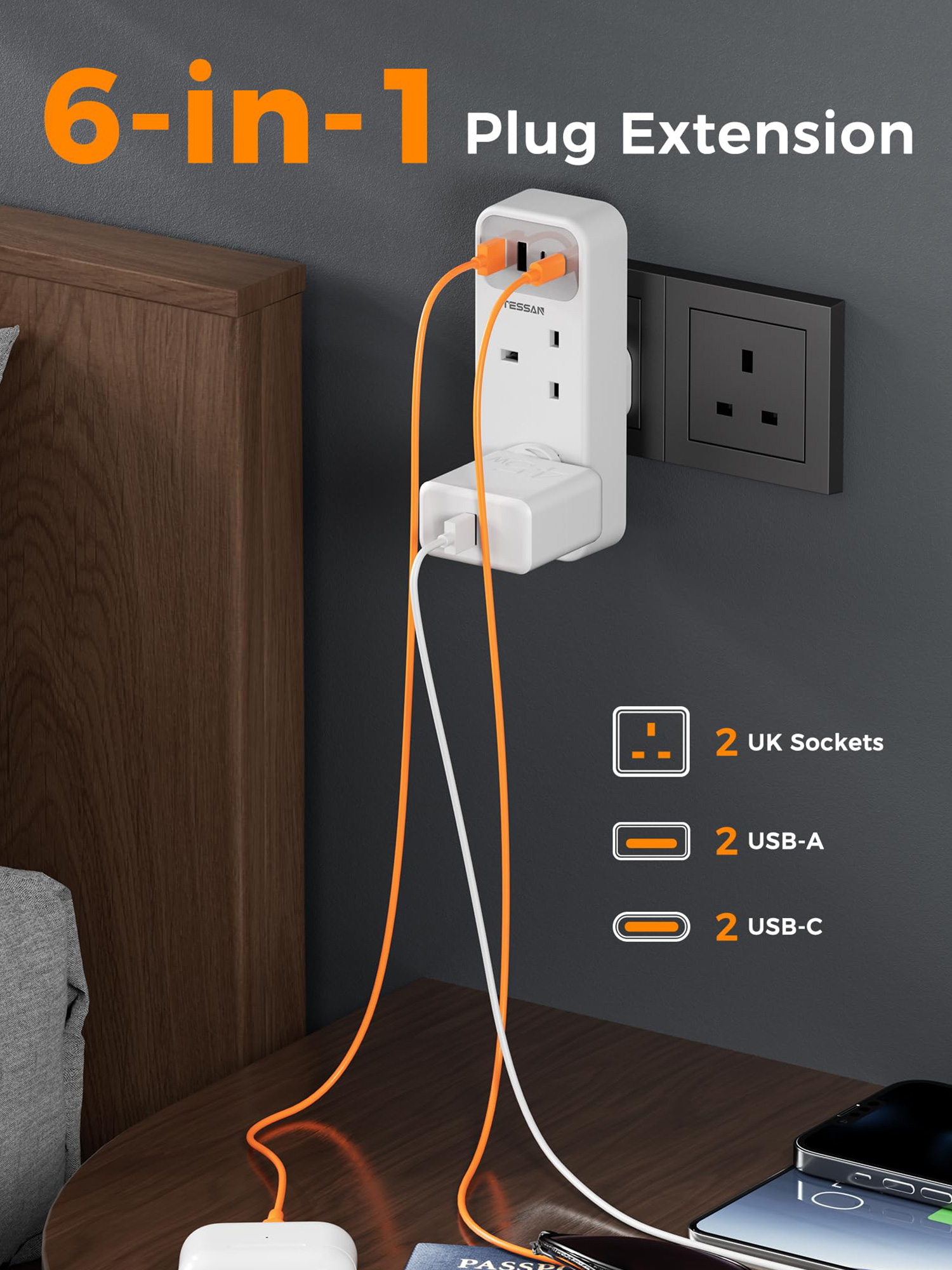 TESSAN Extension Plug Adapter with 4 USB(2 USB C), 2 Way Multi Plug ...