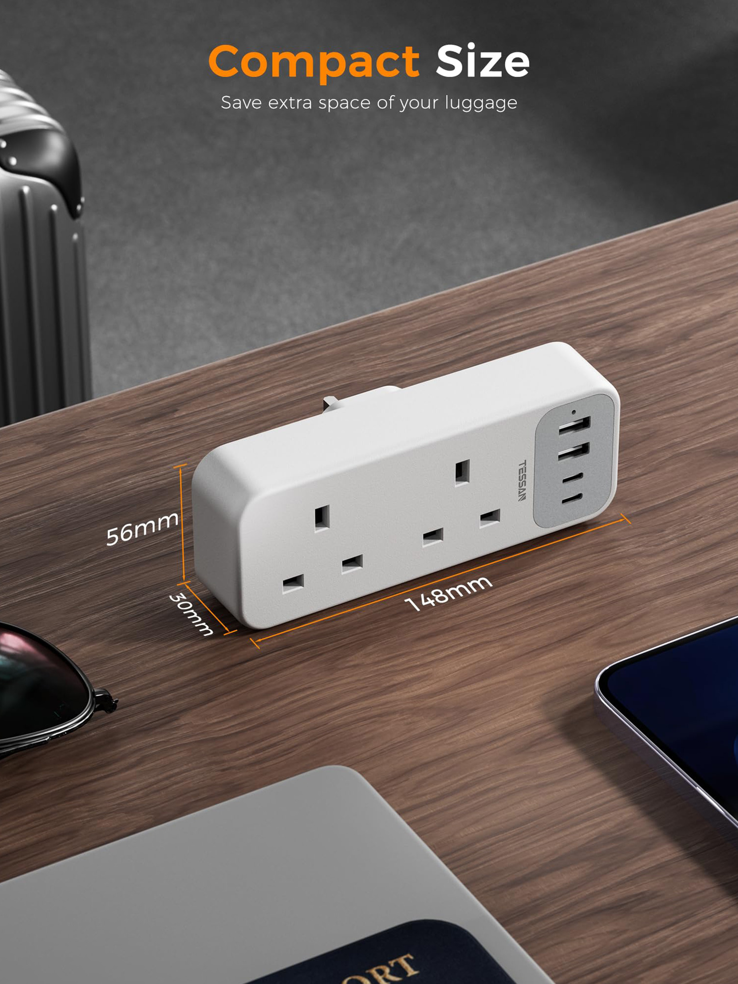 TESSAN Extension Plug Adapter with 4 USB(2 USB C), 2 Way Multi Plug ...
