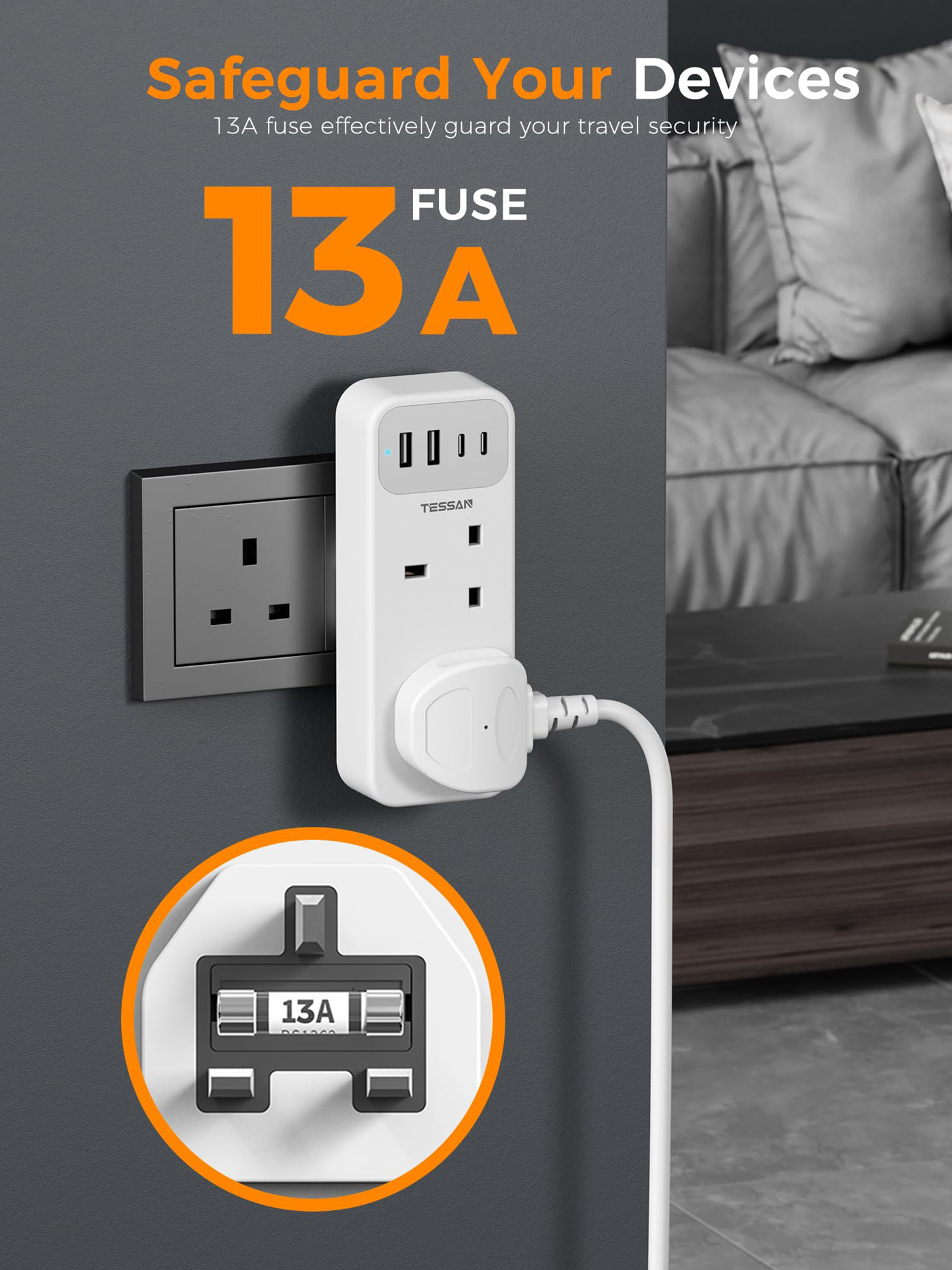 TESSAN Extension Plug Adapter with 4 USB(2 USB C), 2 Way Multi Plug ...