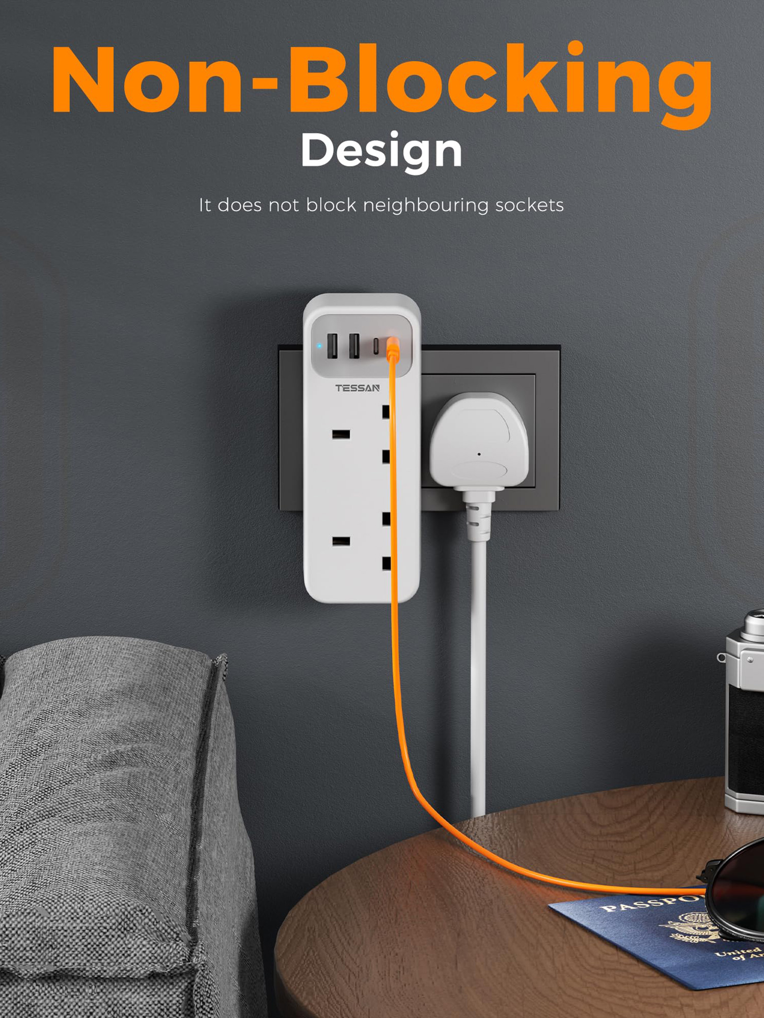 TESSAN Extension Plug Adapter with 4 USB(2 USB C), 2 Way Multi Plug ...