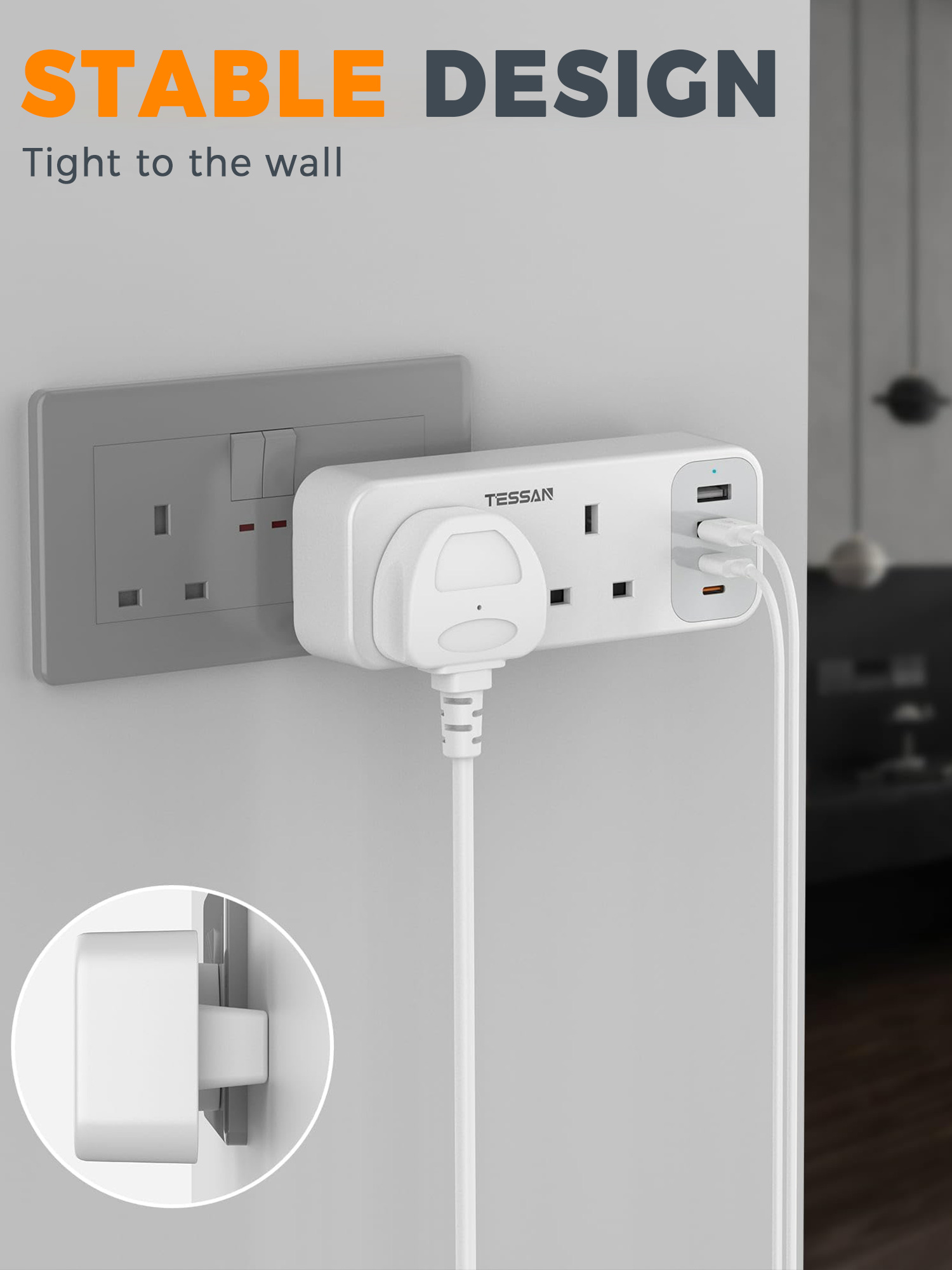 TESSAN Multi Plug Adapter With 2 USB/2 USB C, Extension Power Socket ...