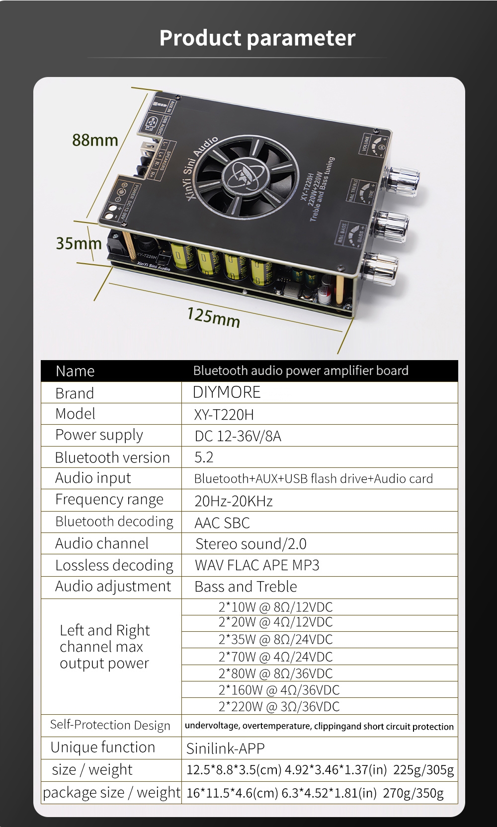 DIYMORE XY-T220H audio amplifier Bluetooth 5.2 power amplifier board ...