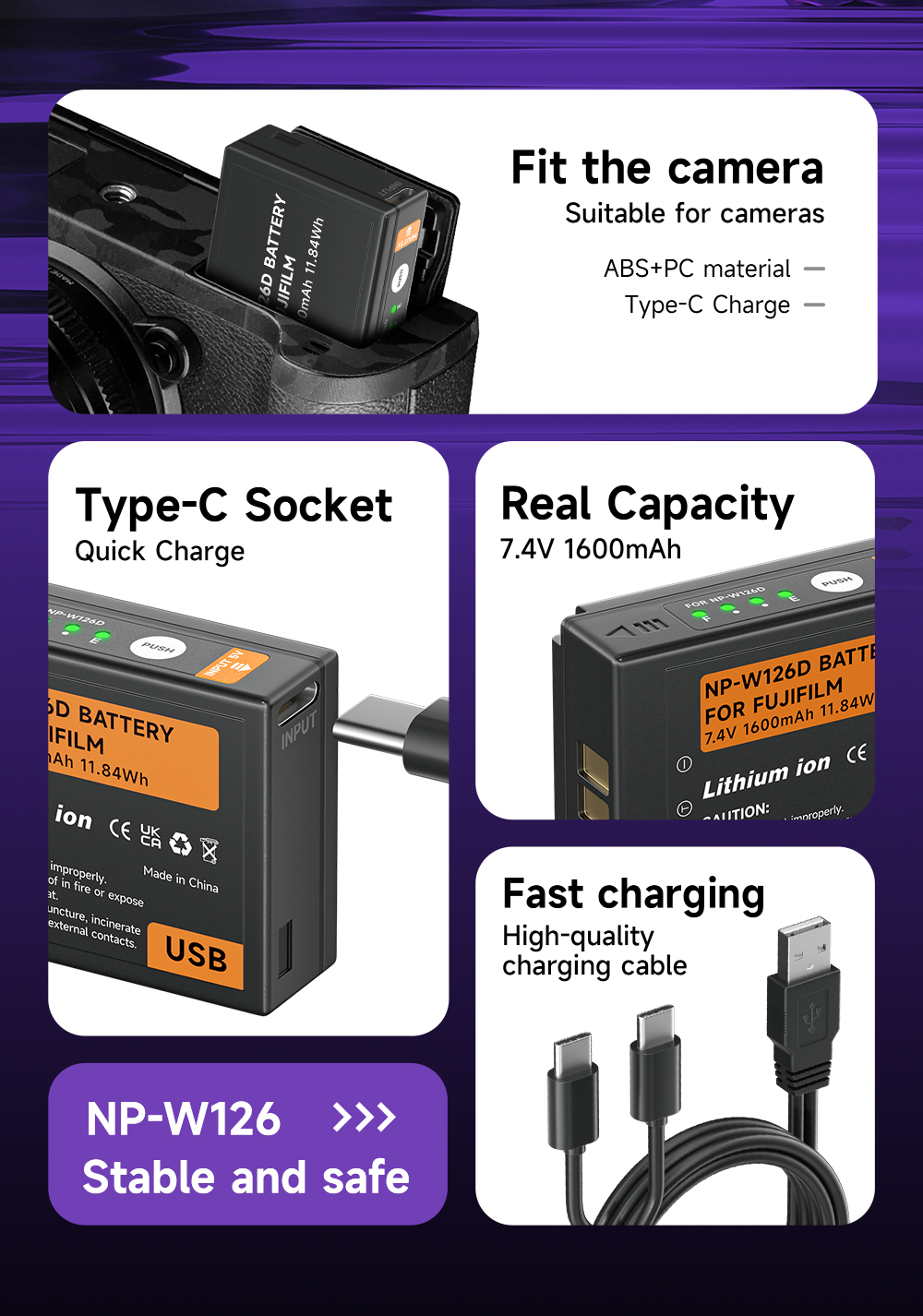 Cityork 1600mAh NP-W126 NP W126 NP-W126S W126S Battery With USB Type-C ...