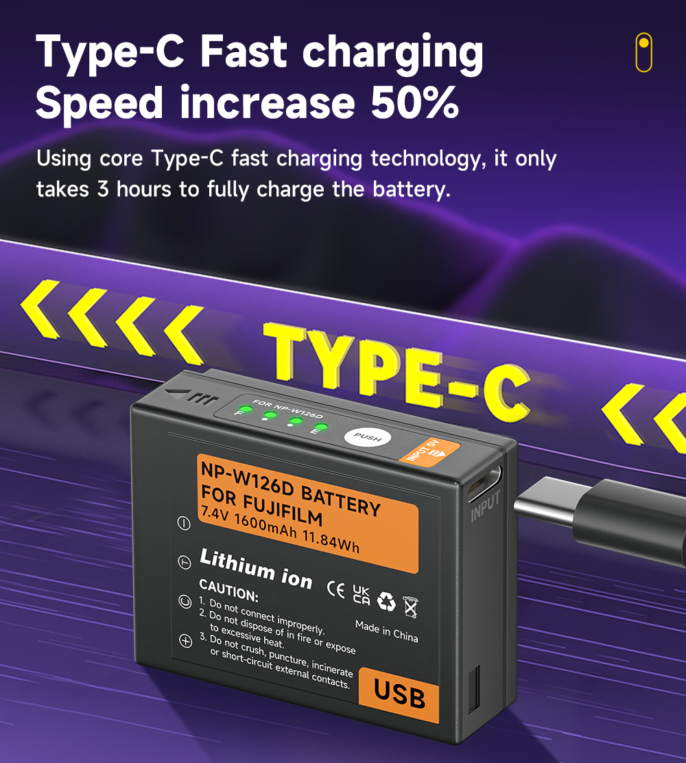 Cityork 1600mAh NP-W126 NP W126 NP-W126S W126S Battery With USB Type-C ...