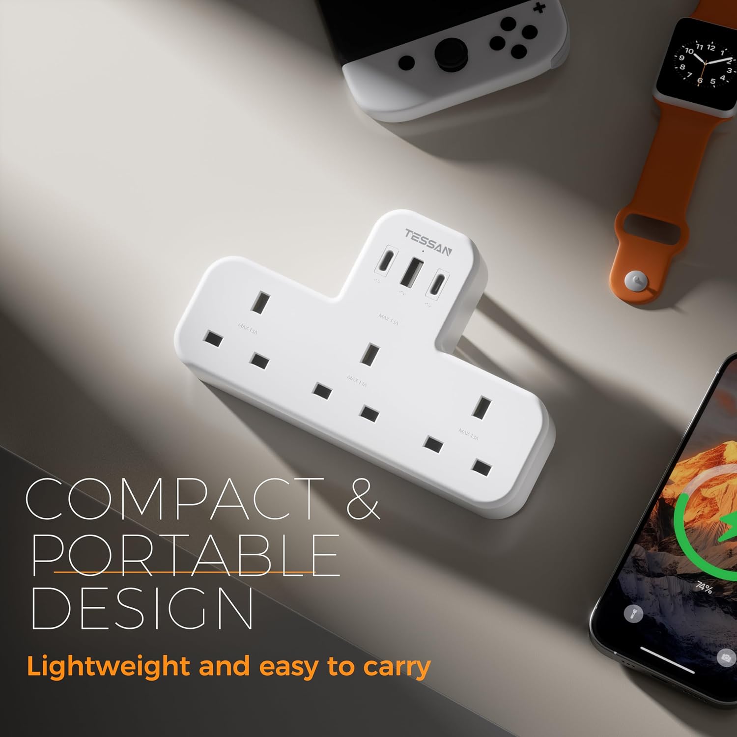 TESSAN 4 Way Extension Plug With 2 USB and 1 USB C, Multi Plug Adapter ...