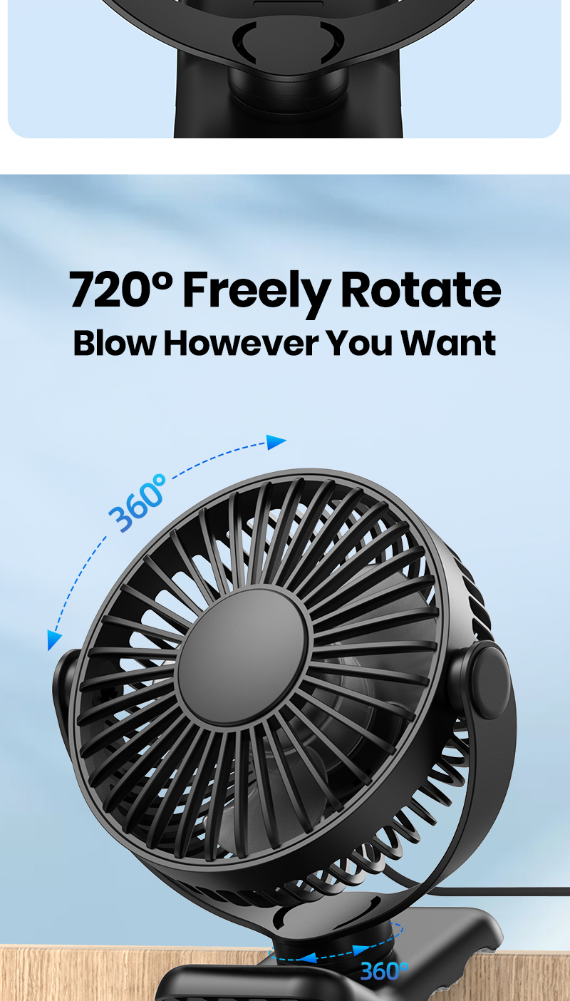 TOPK Clip Fan [USB Powered] 720° Rotation 3 Speed Modes Strong Wind ...