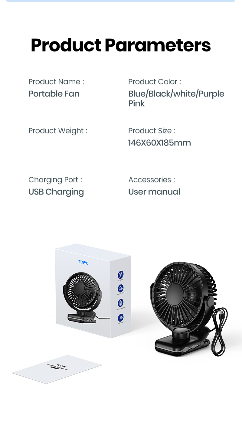 TOPK Clip Fan [USB Powered] 720° Rotation 3 Speed Modes Strong Wind ...
