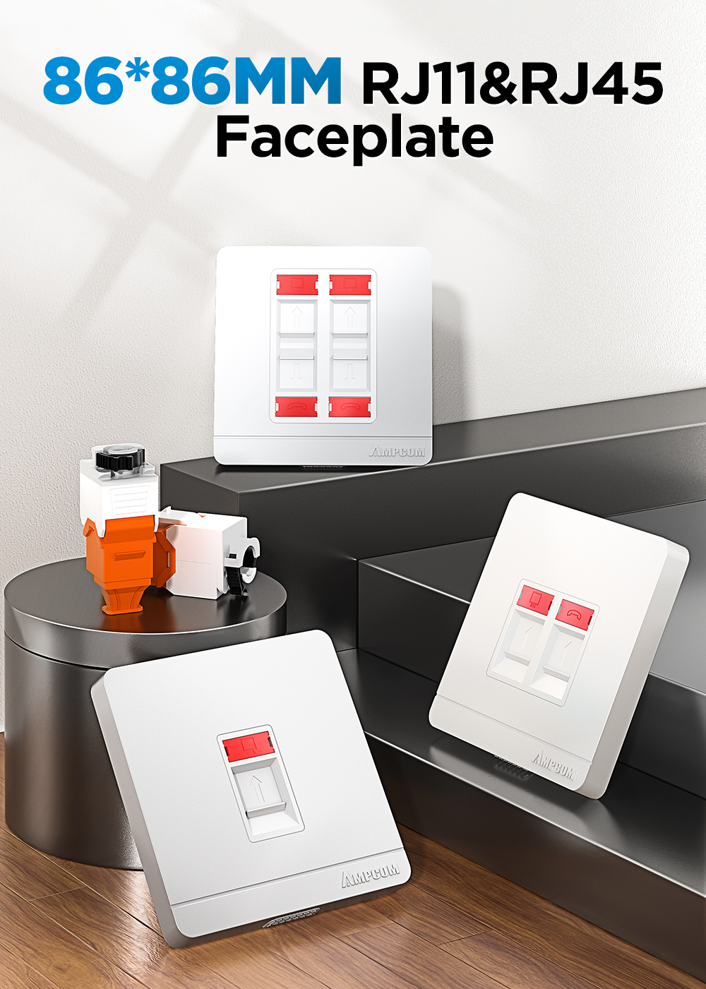 AMPCOM RJ11 RJ45 Faceplate Wall Socket Wallplate Face plate 1-Port 2 ...