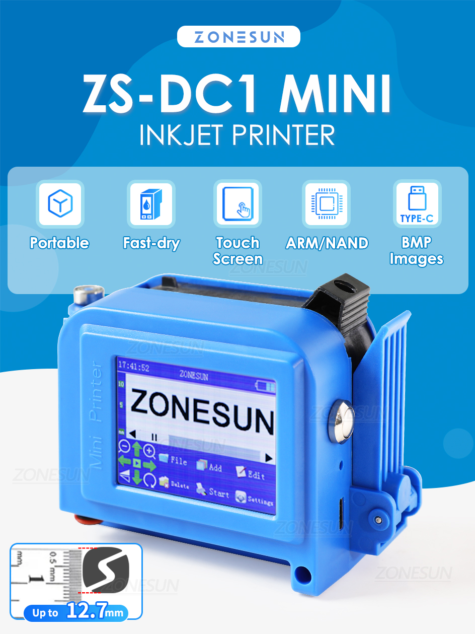 ZONESUN ZS-DC1 Handheld Inkjet Printer Portable Date Coding Machine 12.7mm QR Code Barcode Batch ...