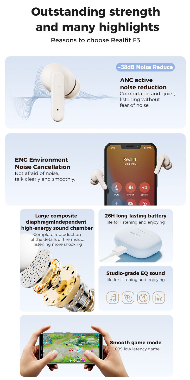 Realfit F3 ANC Bluetooth Earphone -38dB Noise Cancelling Tws Earbuds ...