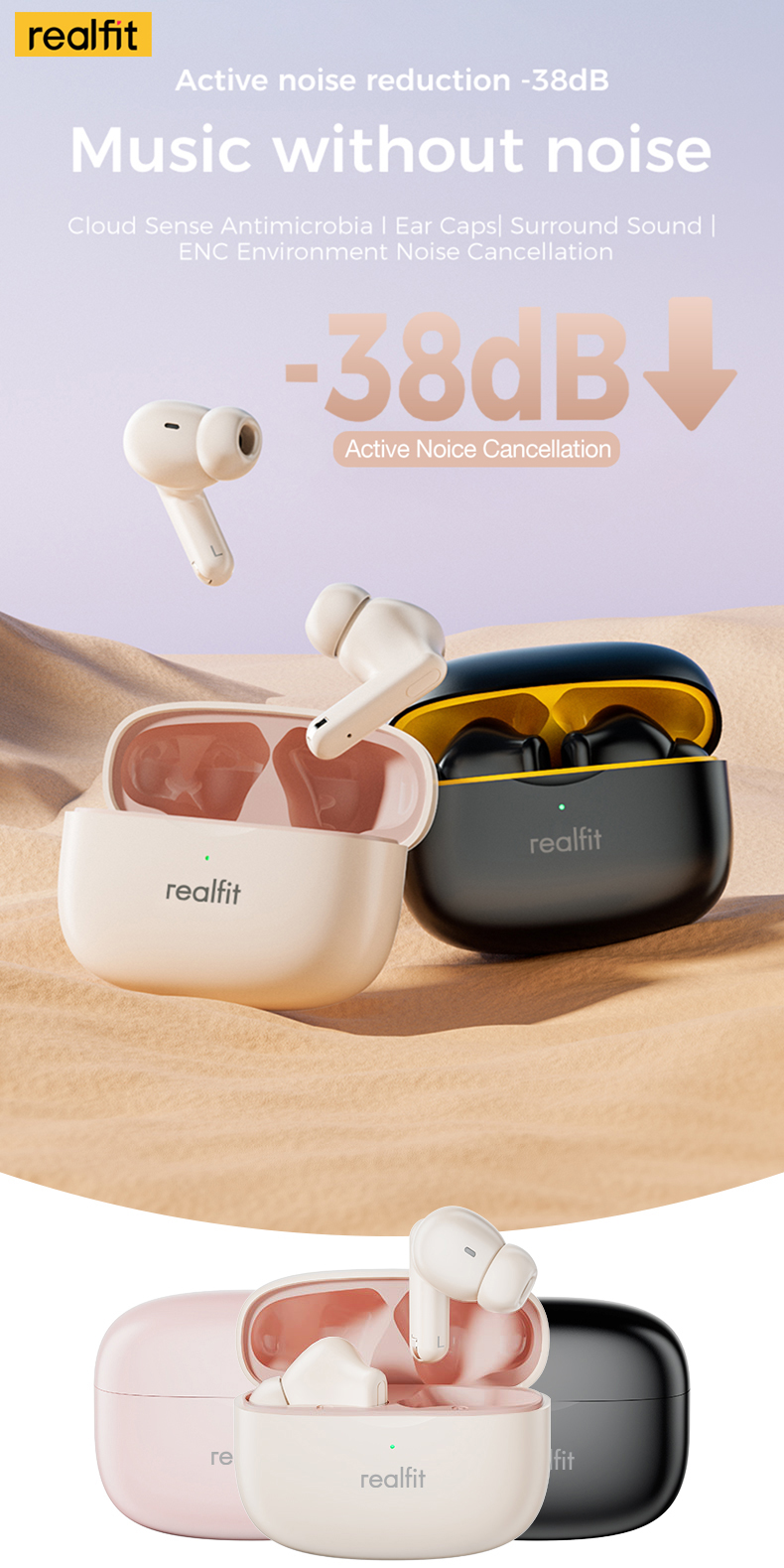 Realfit F3 Bluetooth Earphone -38dB Noise Cancellation Sport Headset ...