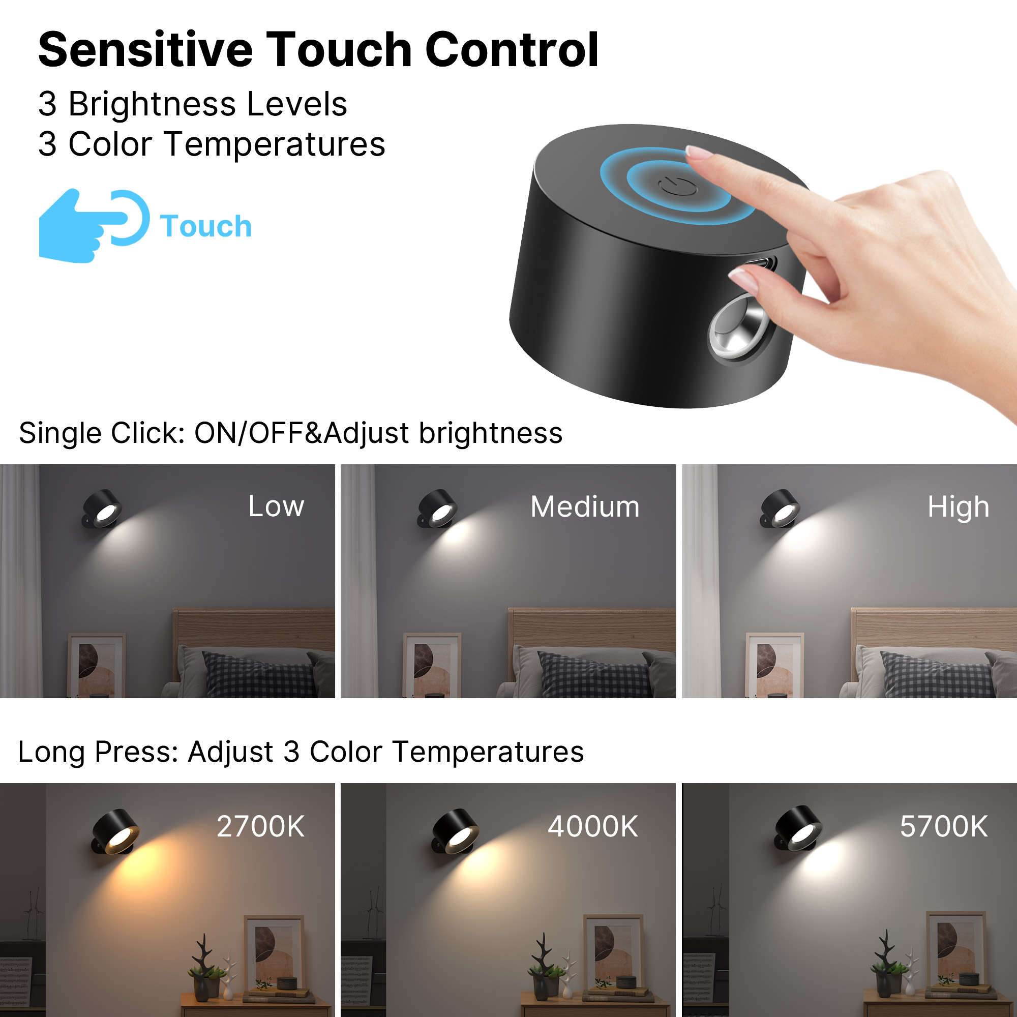 Magnetic Wall Lamp LED Wall Sconce Wall Mounted Lamp With Rechargeable ...