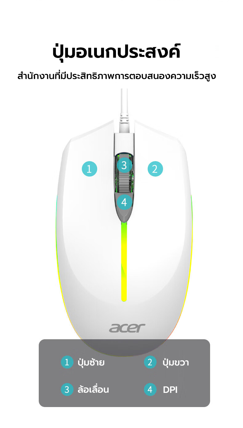 Acer Wired Gaming Mouse LED RGB Ergonomic Optical Mice Silent Click for ...
