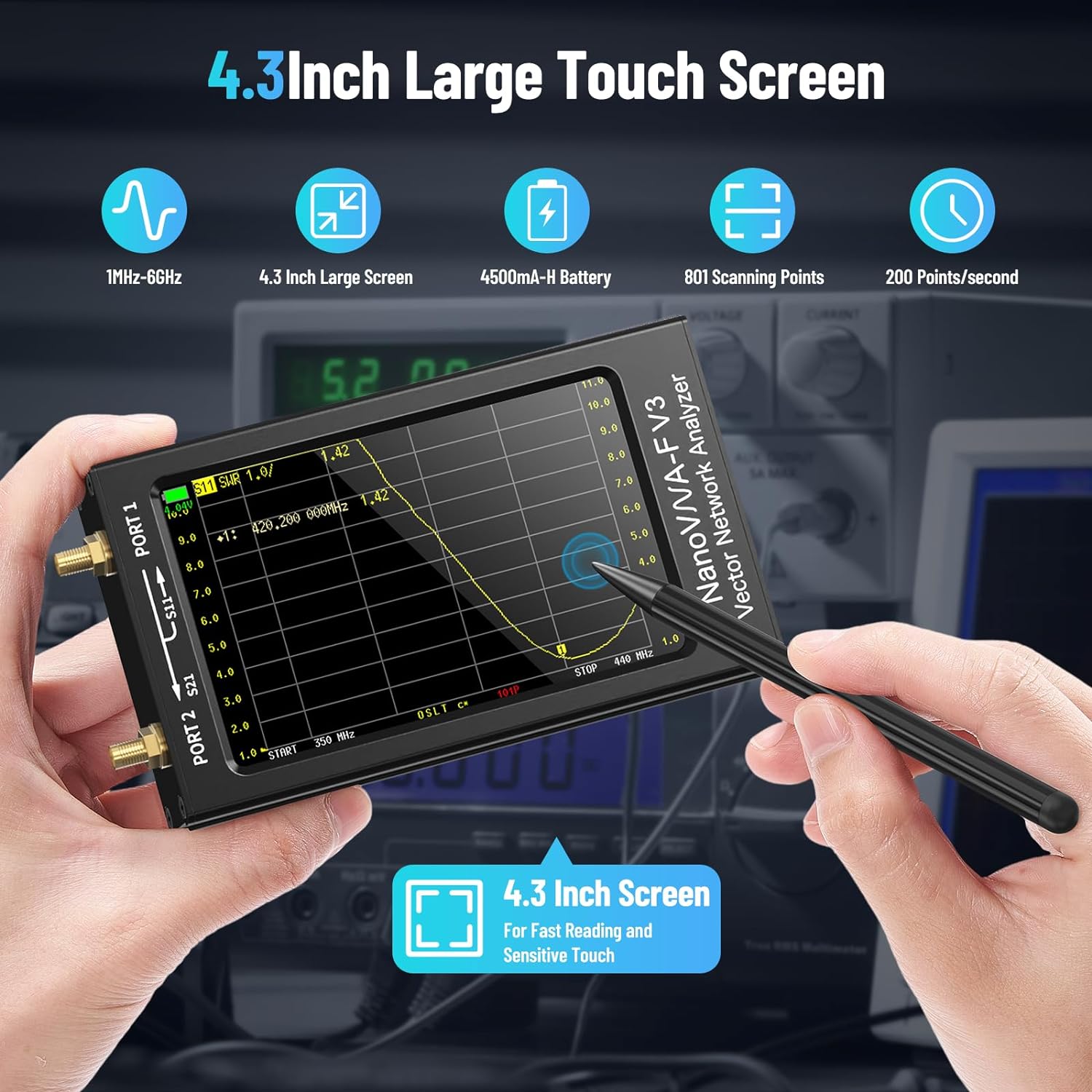 SeeSii 4.3inch NanoVNA-F V3 Vector Network Analyzer 1MHz-6GHz HF VHF ...