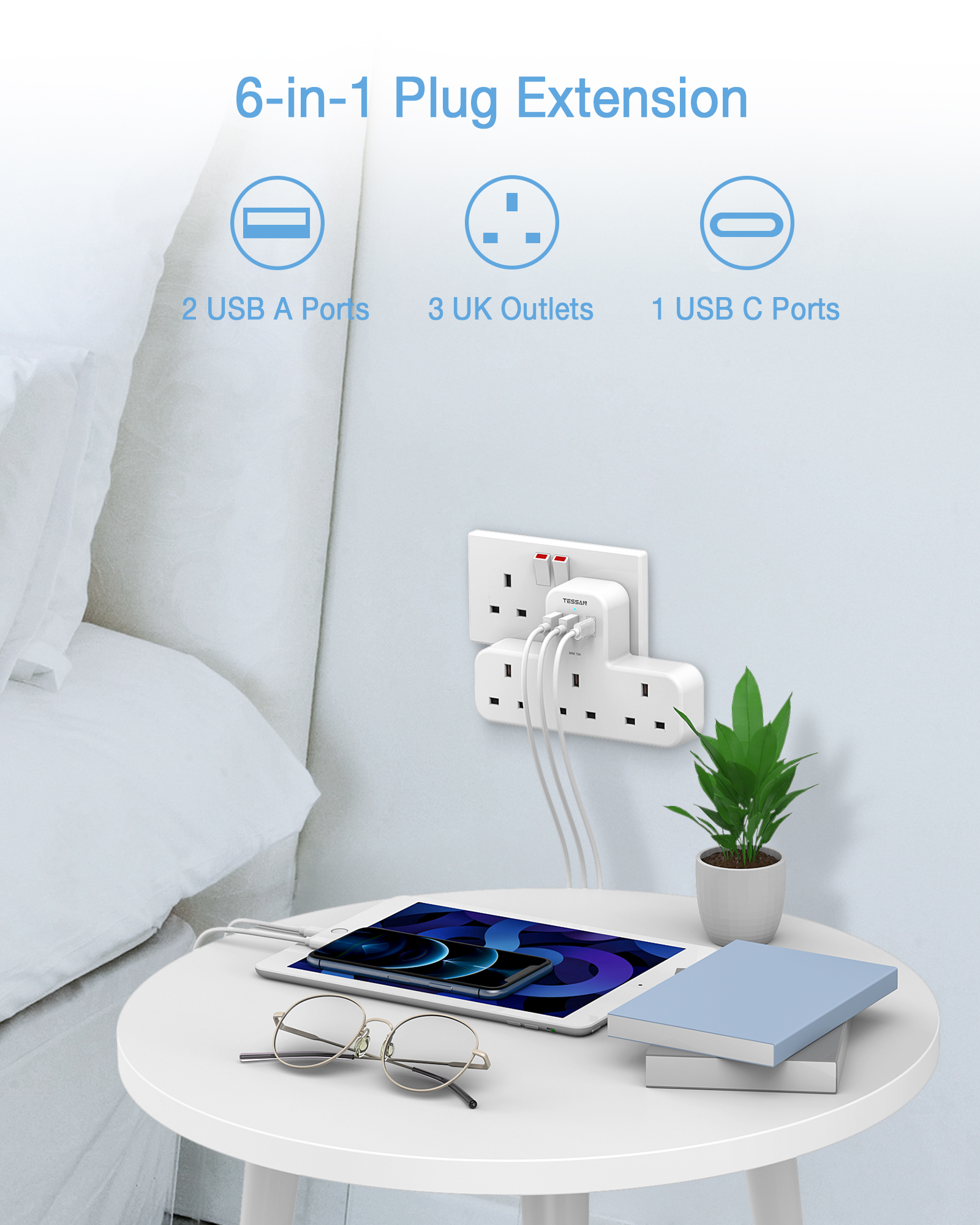 Tessan Multi Plug Extension With Usb Type C Power Socket Extension Plug