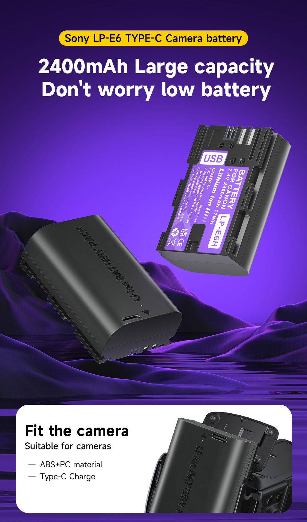 Cityork 2400mAh LP E6 LPE6 LP-E6 E6N Battery With USB Type-C interface ...