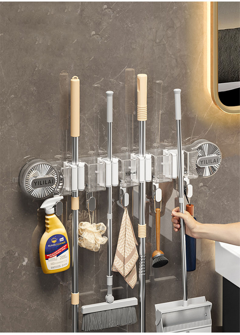 Suction Cup Broom Rack Wall Hanging Without Drilling Bathroom Mop ...