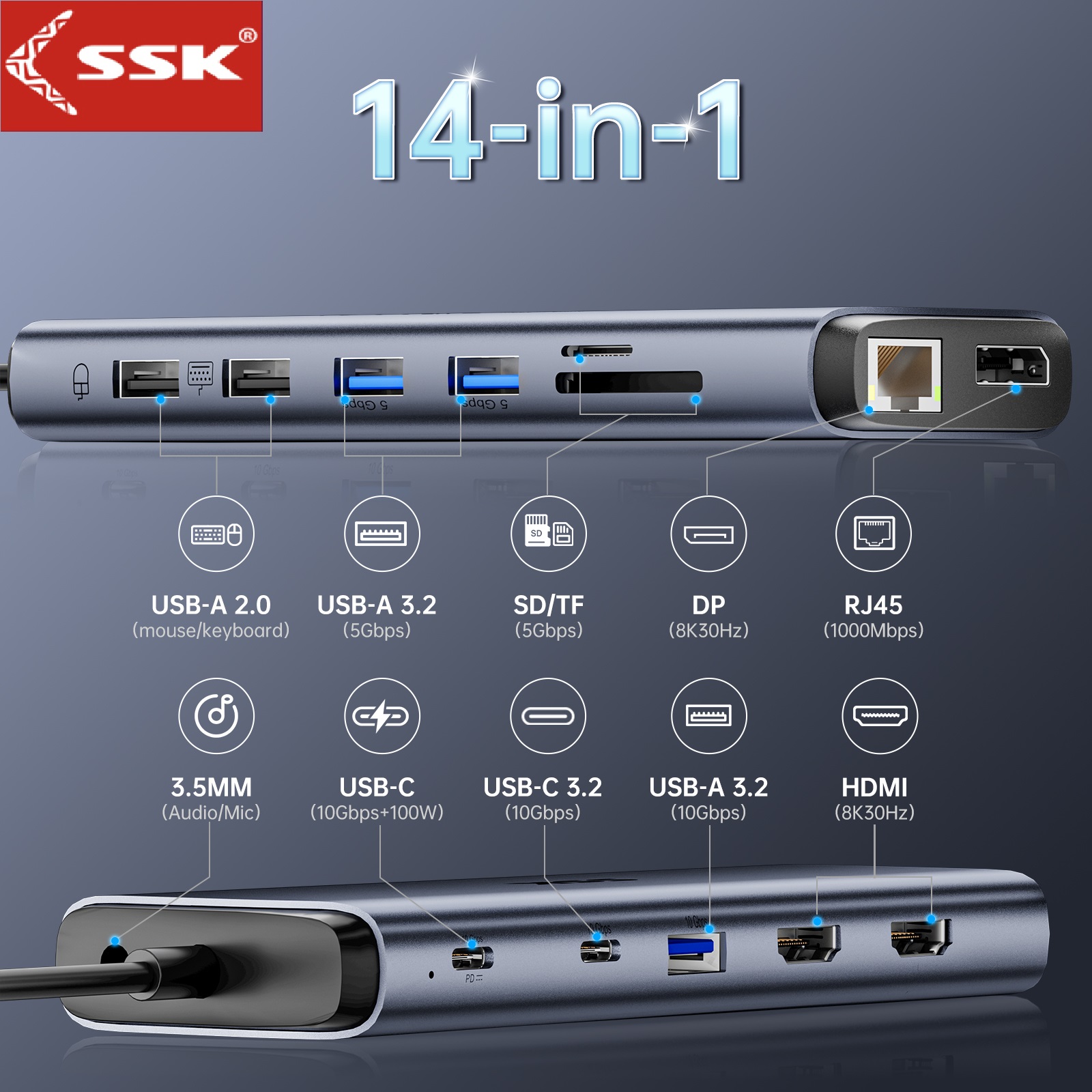 SSK SC220 8K HDMI HUB Dual HDMI USB C HUB Displayport 100W Power ...