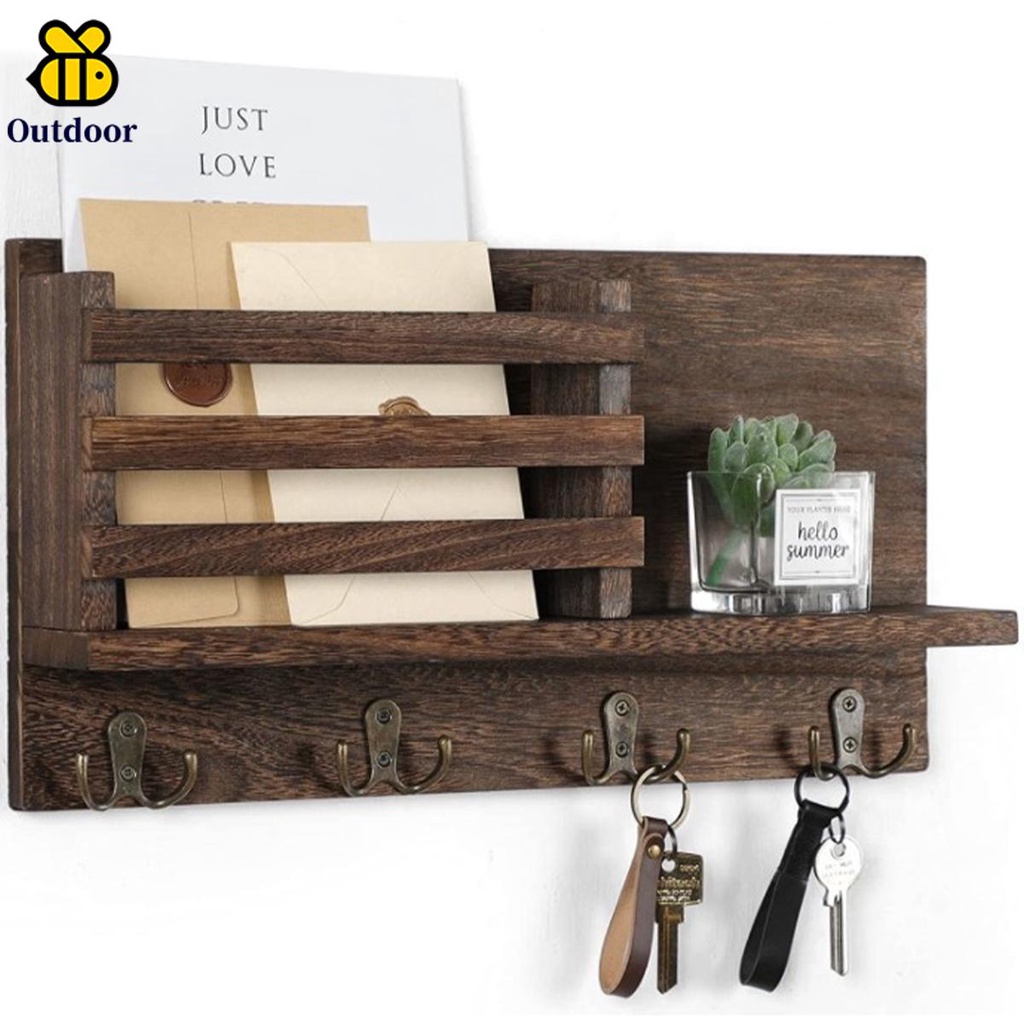 Wall Mounted Mail Holder Wooden Mail Sorter Organizer with 4 Double Key ...