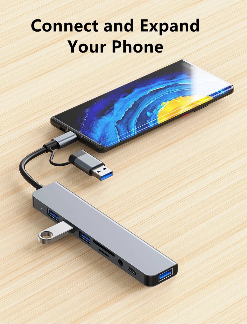 8 in 2 USB3.0 Hub Type C to TF SD 3.5MM Card Reader High Speed for ...