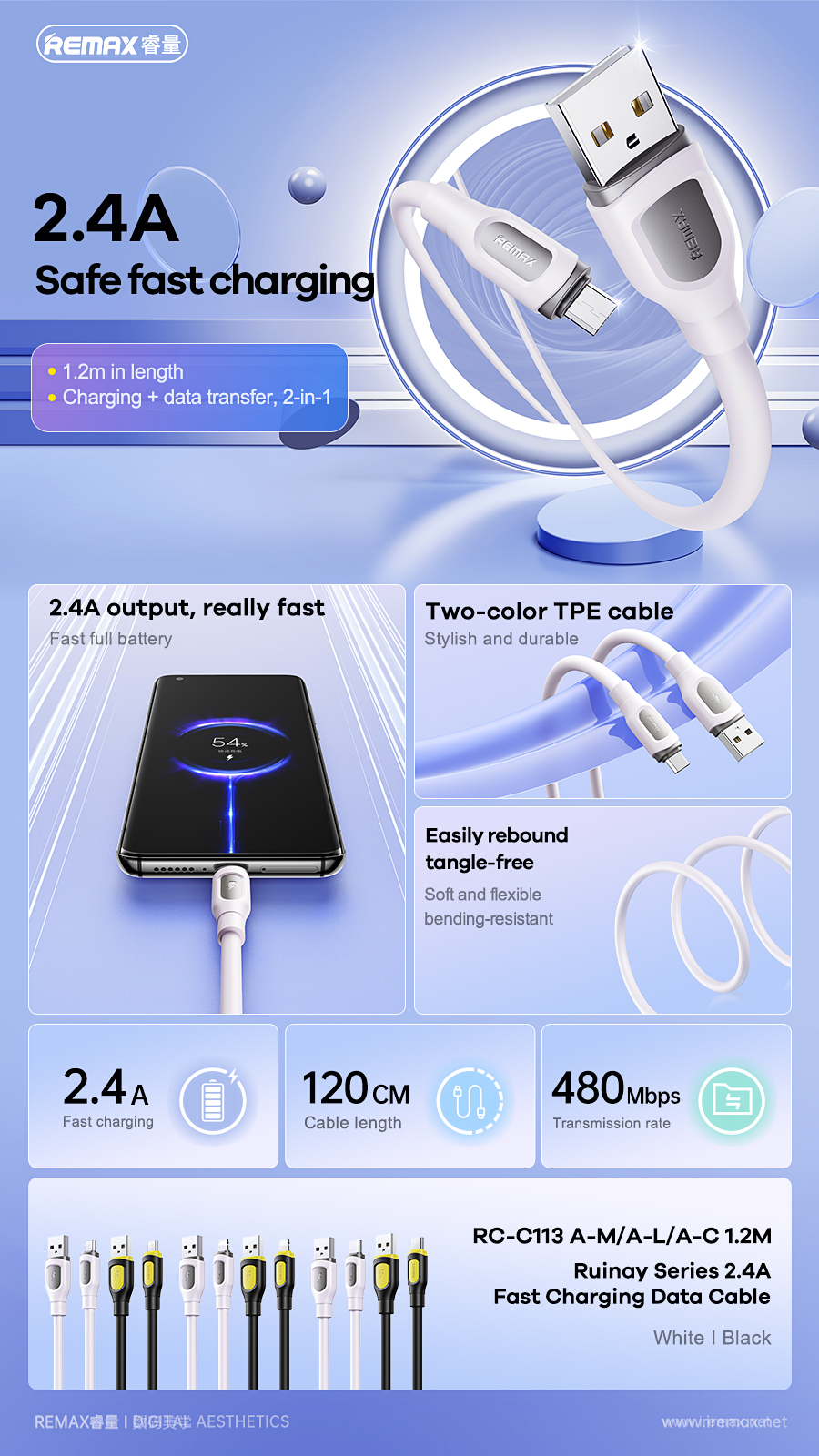 Ruinay Series 2.4A Fast Charging Data Cable 1M RC-C113 | Shopee Malaysia
