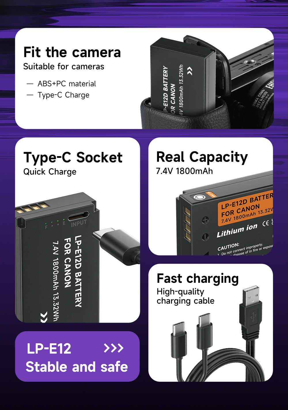 Cityork LPE12 LP E12 LP-E12 2000mAh Li-ion Rechargeable Battery With USB Type-C interface Fast ...