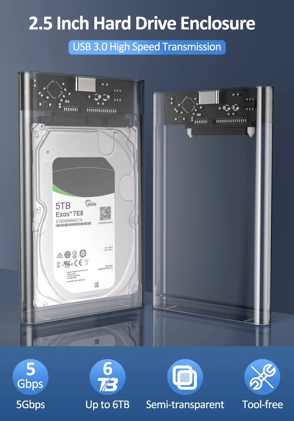 USB3.1 External HDD Case 2.5 Inch Hard Drive Enclosure Fast 5Gbps USB ...