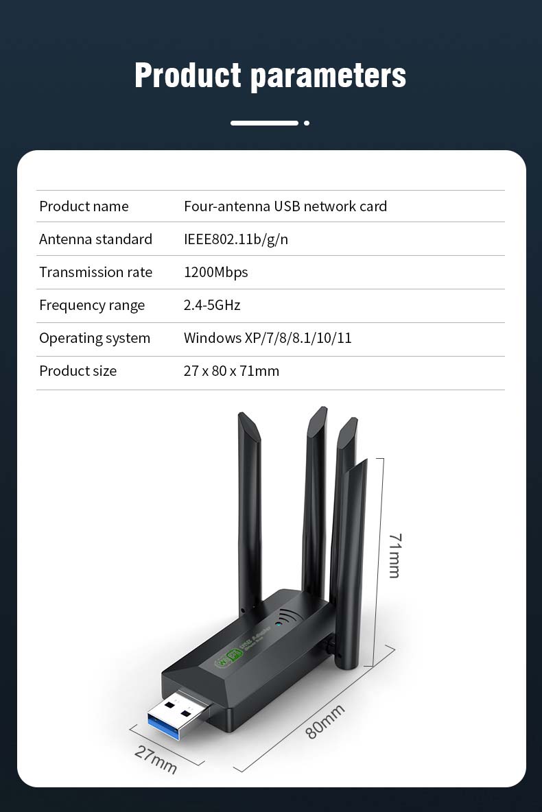 1300Mbps USB Wifi5 Adapter 4 Antenna USB Network Card Driver Free Dual ...