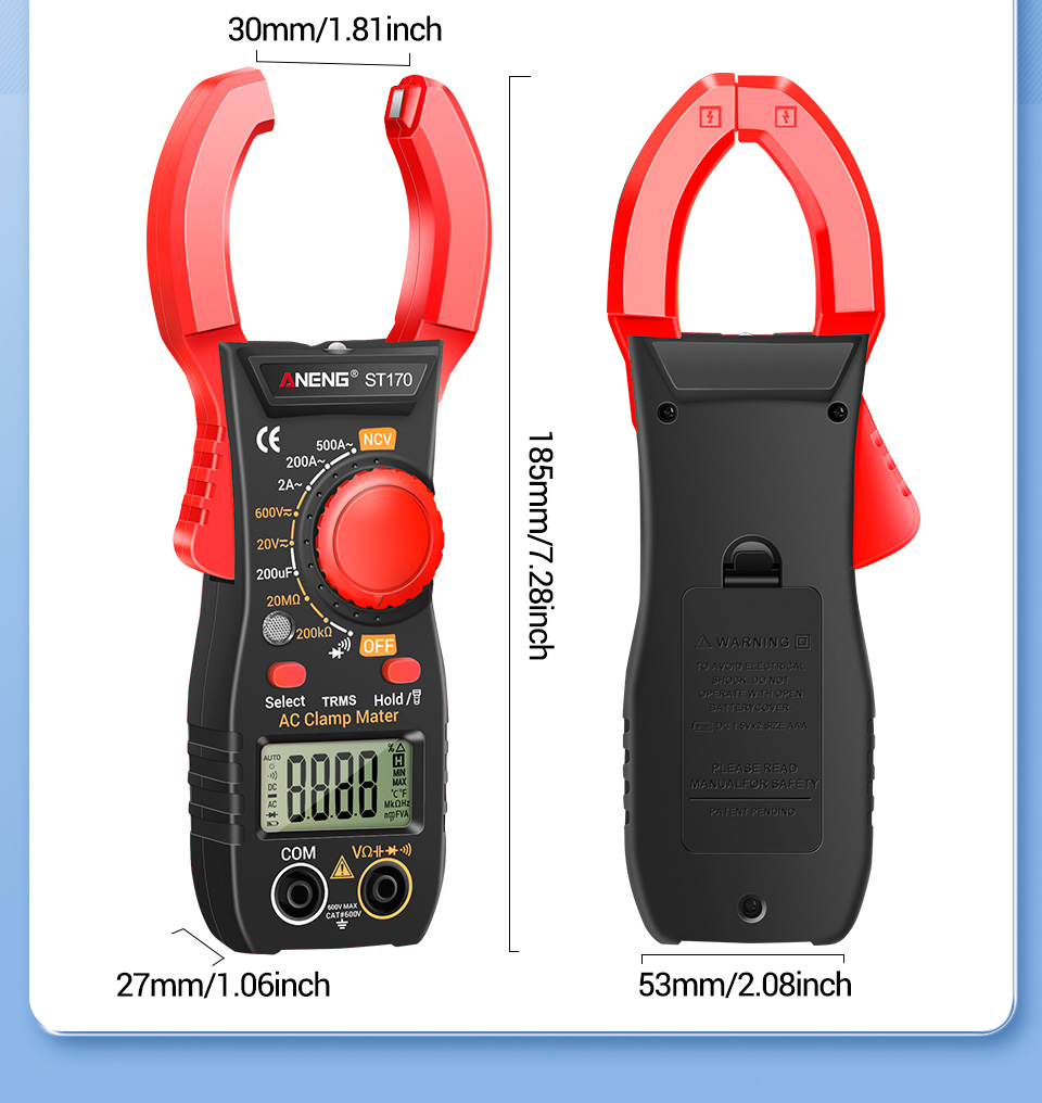 ANENG ST170 Digital Clamp Meter Multimeter 1999 Counts 500A AC Current ...