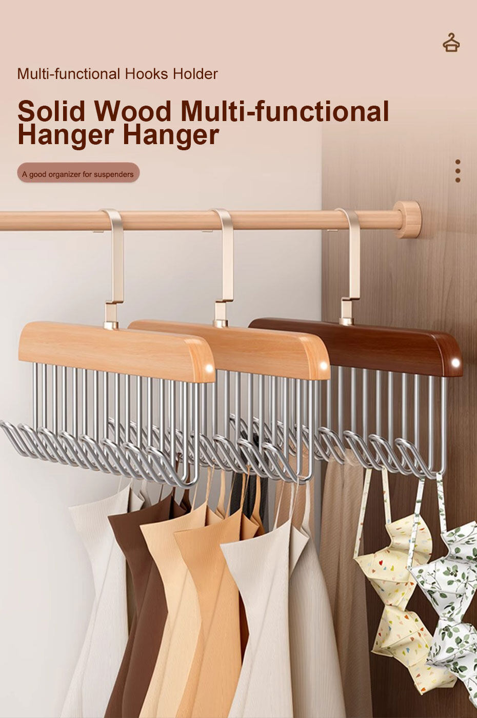 8 Hooks Solid Wood Hanger Anti Slip Top 360 Degree Rotating ...