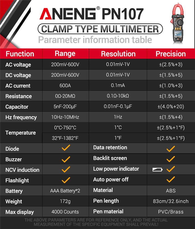 ANENG PN107 Digital Clamp Meter - AC/DC Voltage, Temperature, True RMS ...
