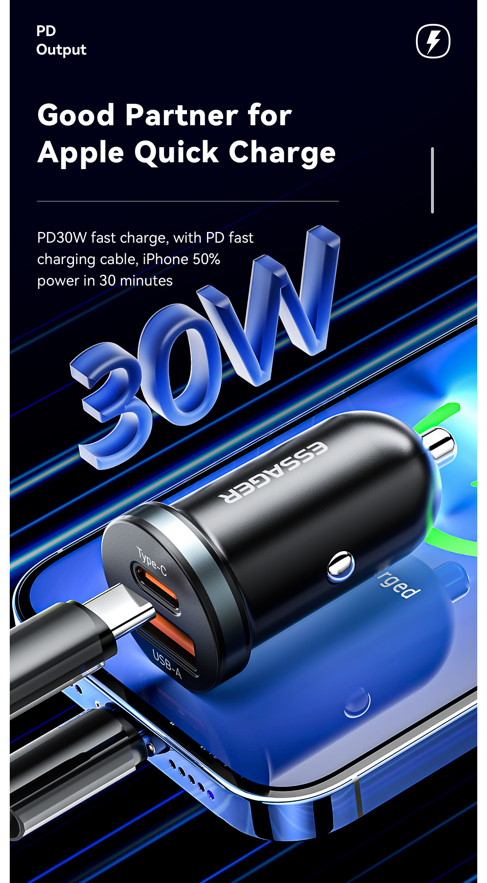 Essager PD30W USB A Type-C Mini Car Charger Quick Charge Fast Charging For iP Huawei Samsung ...