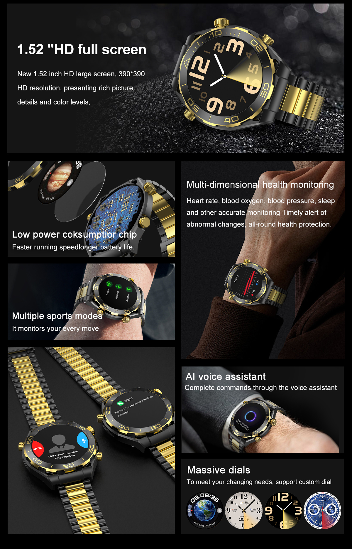 Smart Watch AMOLED large screen gesture BT call heart rate Men Watchki ...