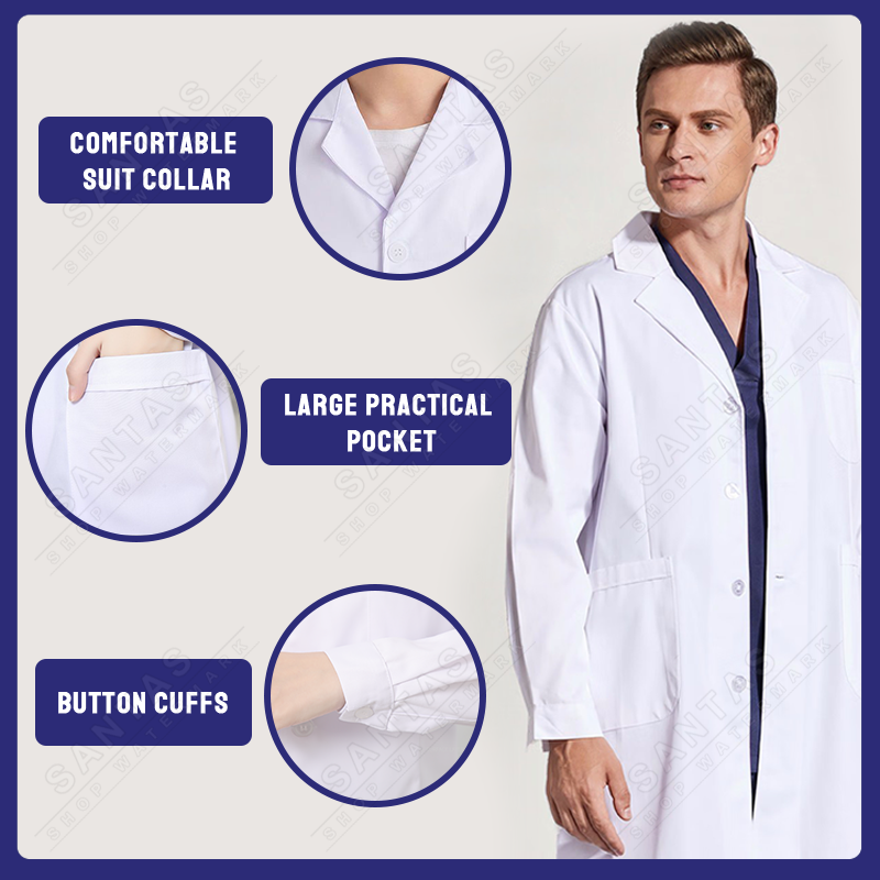 Button Cuffs White Lab Coat Long Sleeves Baju Scrub Medical Baju Doktor ...