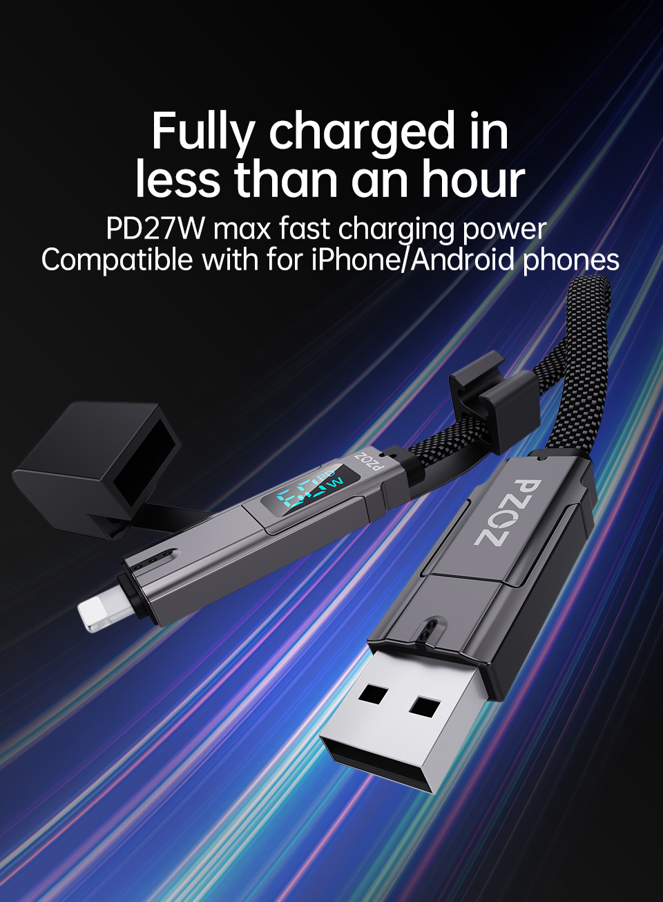 PZOZ 4 in 1 66W PD USB C Cable Digital Display Fast Charging For iPhone ...
