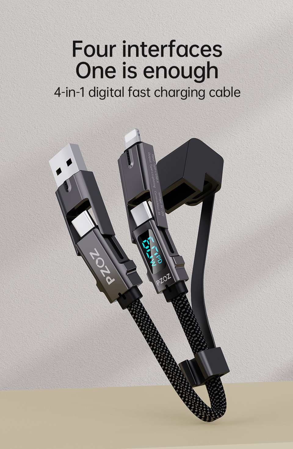 PZOZ 4 in 1 66W PD USB C Cable Digital Display Fast Charging For iPhone ...