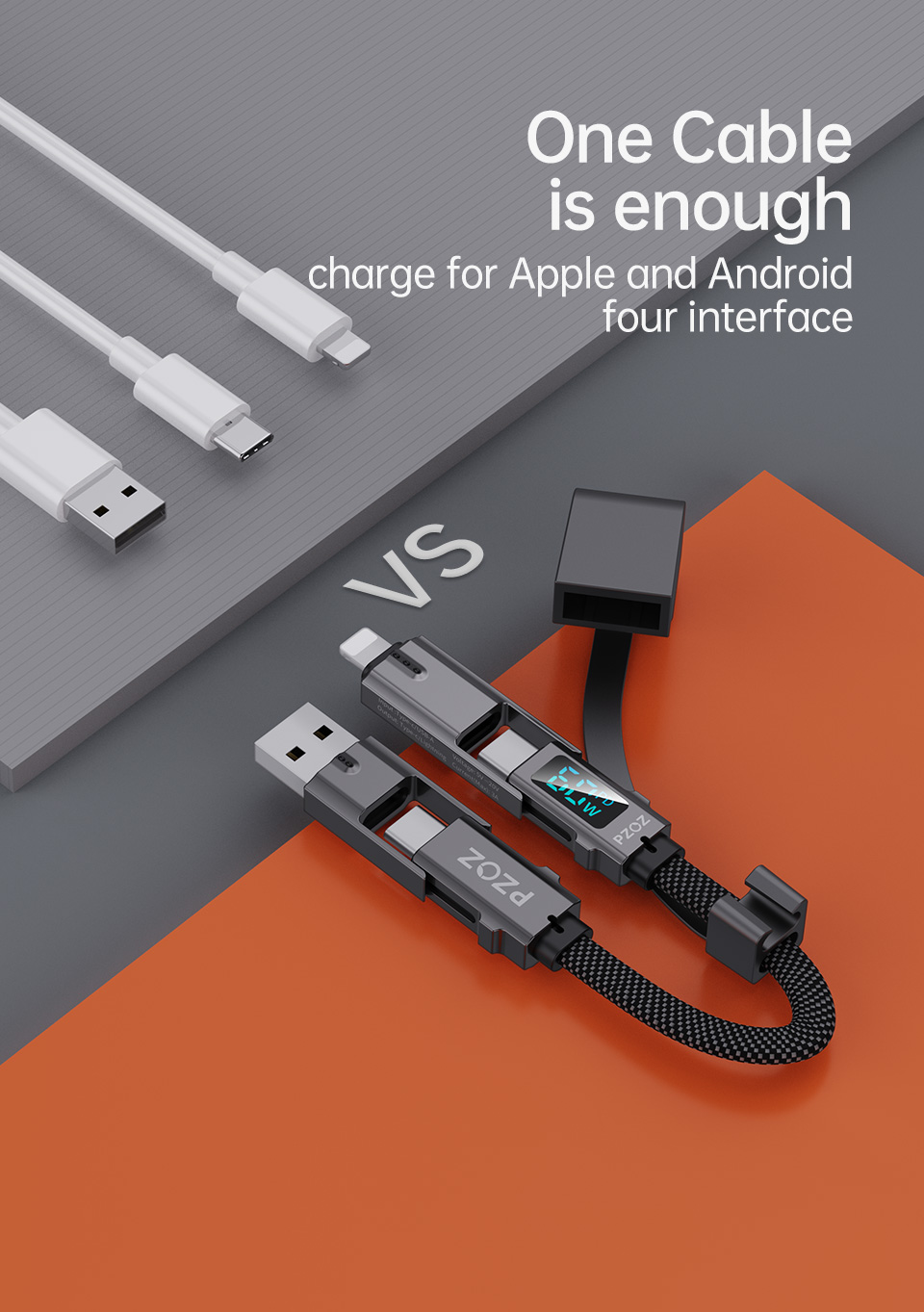 PZOZ 4 in 1 66W PD USB C Cable Digital Display Fast Charging For iPhone ...