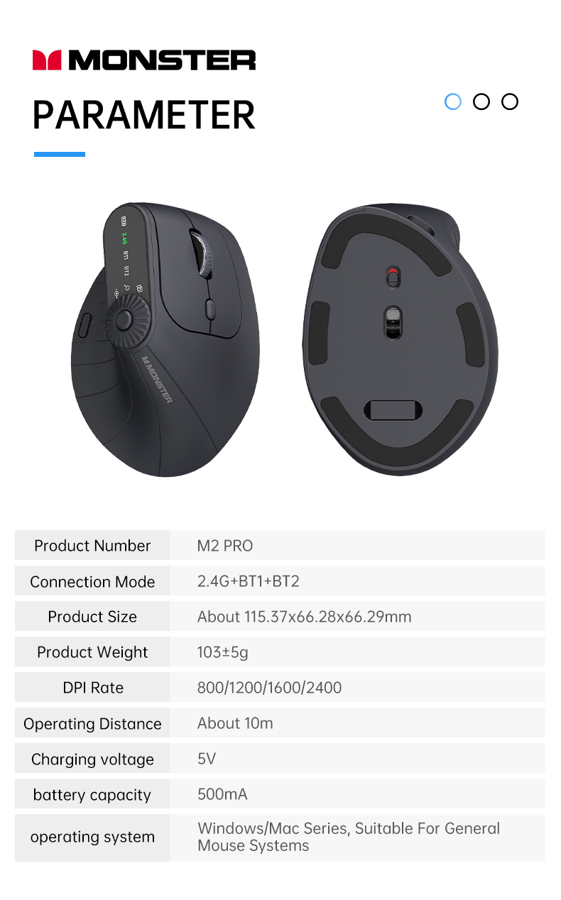 Monster M2 PRO Wireless Mouse 2.4G Bluetooth Compatible Multiple ...