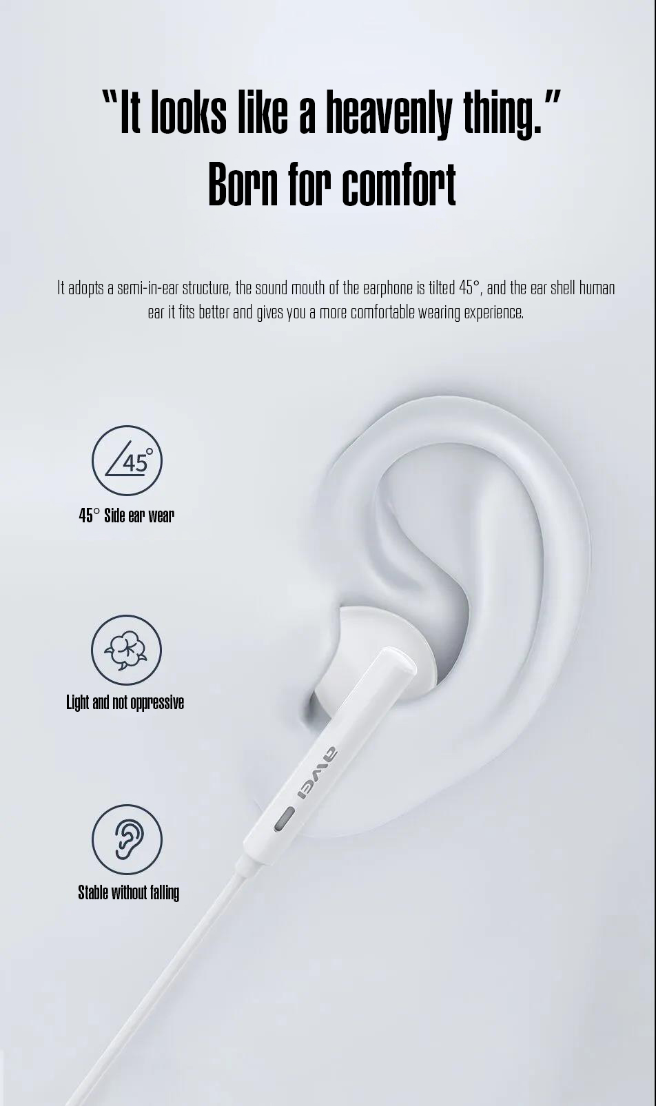 Awei PC-1T Type-c Plug Wired Earphone With Mic Stereo Half-In-Ear ...