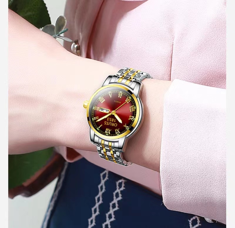 ORUSS Original Women Stainless Steel Luxury Dual Calendar Luminous Gold ...