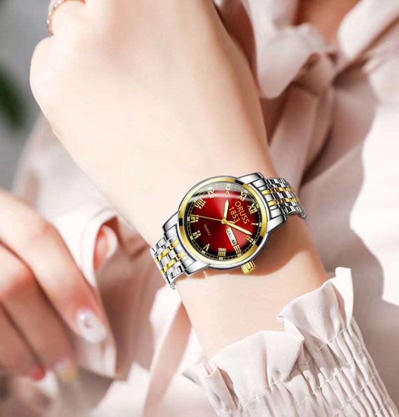 ORUSS Original Women Stainless Steel Luxury Dual Calendar Luminous Gold ...