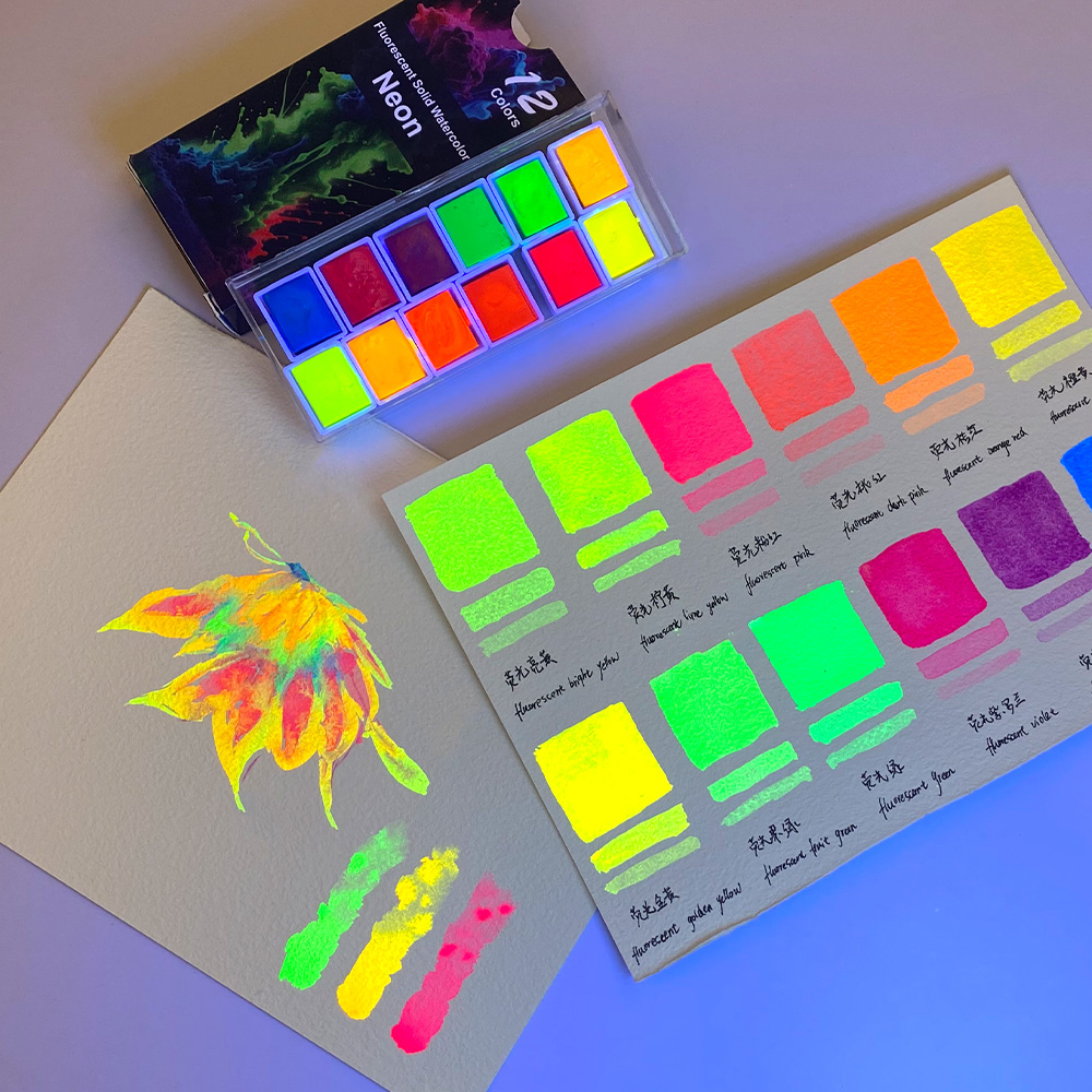 Seamiart 12 Color Fluorescent Solid Watercolor Set Portable Half Pan ...