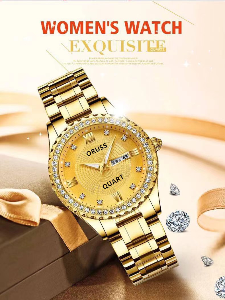 ORUSS Original Women Stainless Steel Dual Calendar Luminous Waterproof ...