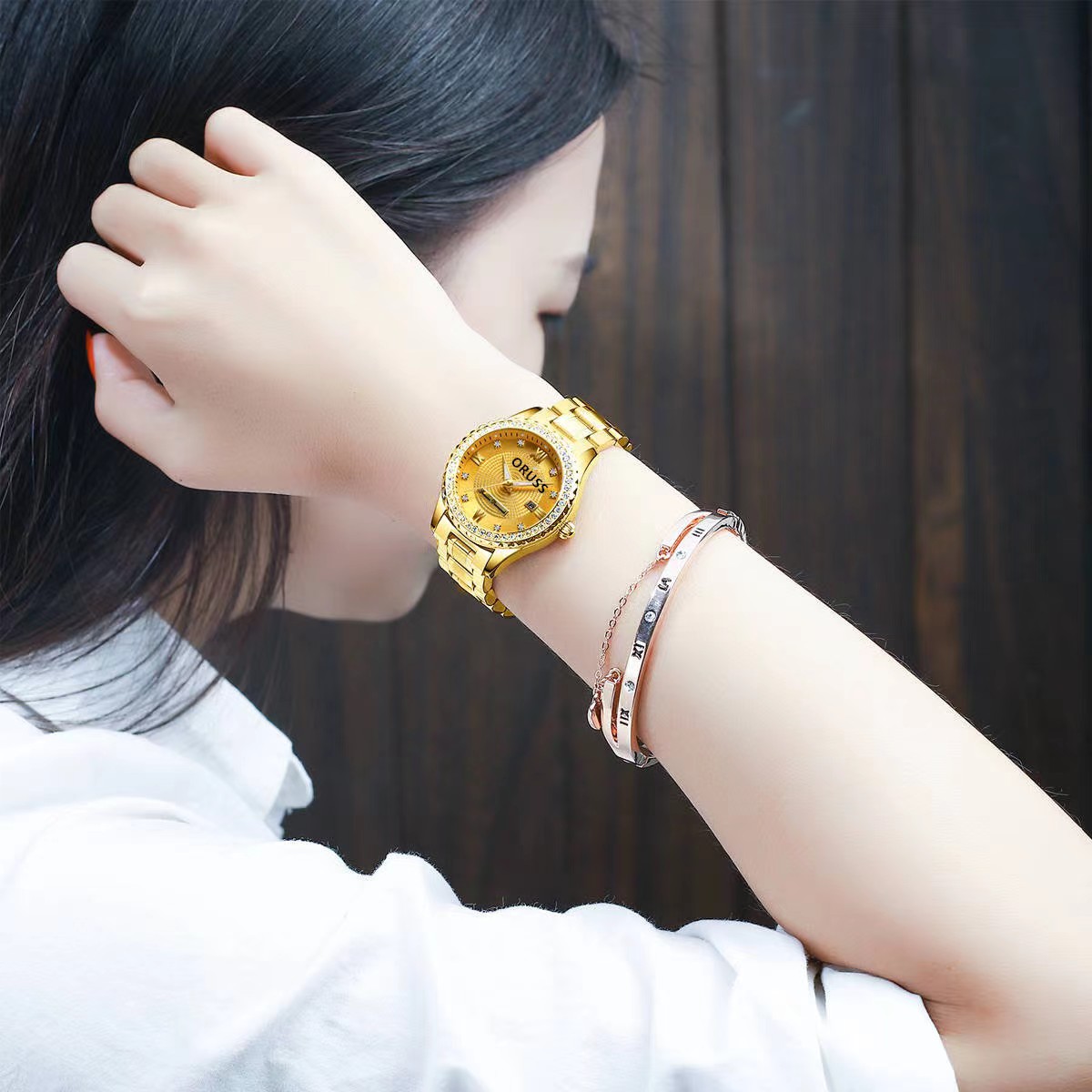 ORUSS Original Women Stainless Steel Dual Calendar Luminous Waterproof ...