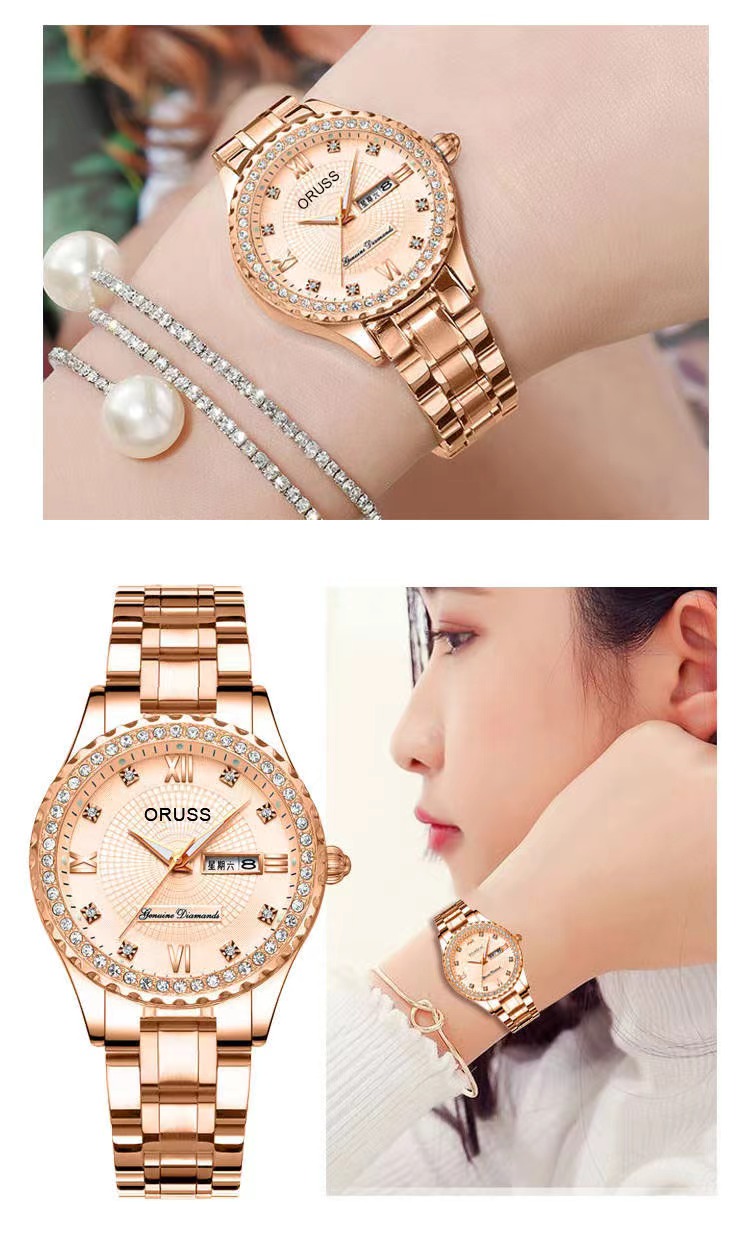 ORUSS Original Women Stainless Steel Dual Calendar Luminous Waterproof ...