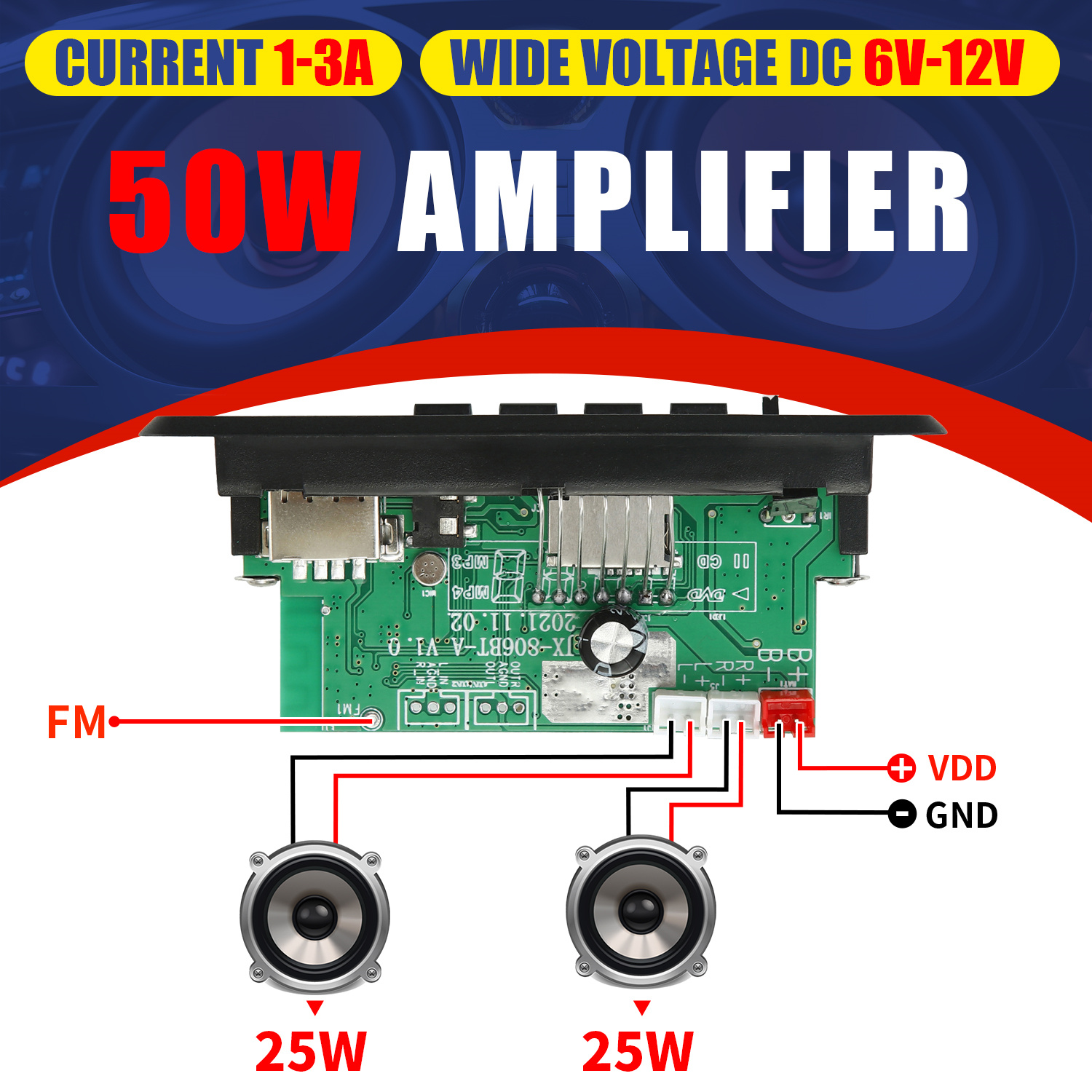 DC 12V 50W Amplifier Bluetooth 5.0 MP3 Player Decoder Board FM Radio TF ...