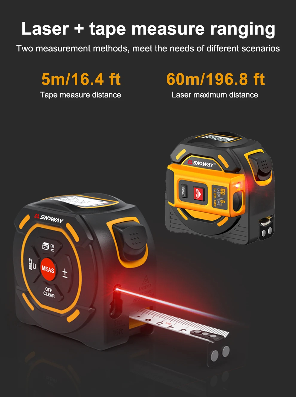 SNDWAY 2 In1 60M Laser Rangefinder 5m Tape Measure Ruler LCD Display with Backlight Distance ...